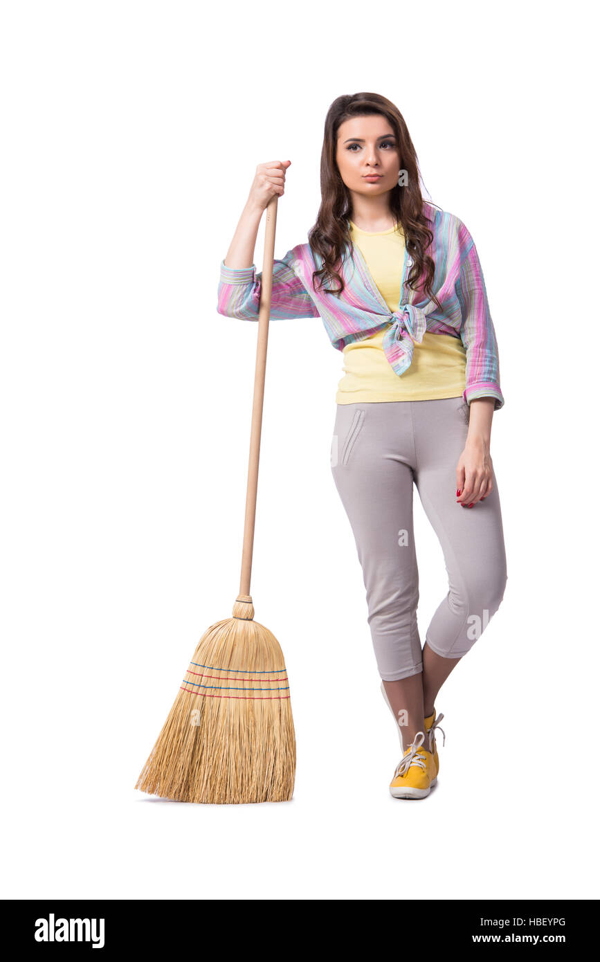 Woman sweeping floor isolated on white Stock Photo - Alamy