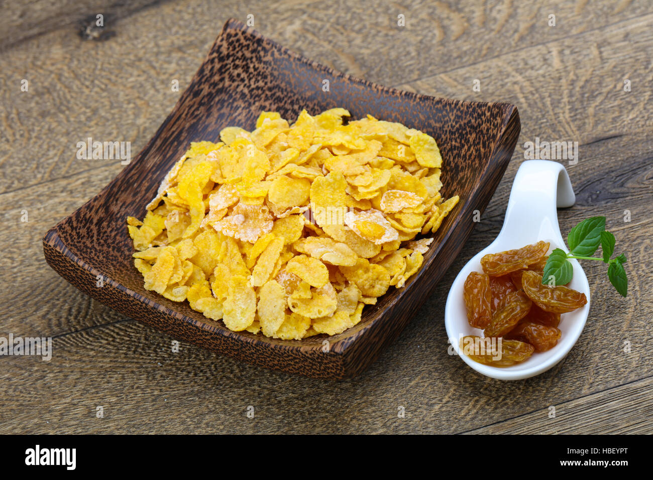 Corn flakes with raisin - dietary fitness breakfast Stock Photo - Alamy