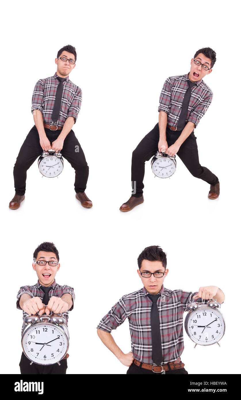 Young man with clock isolated on white Stock Photo - Alamy