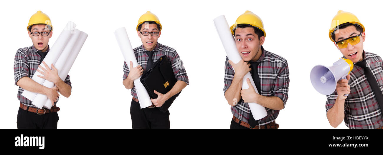 Funny man with blueprints on white Stock Photo - Alamy