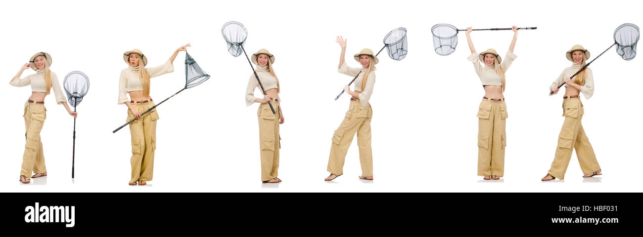 Woman with catching net on white Stock Photo - Alamy