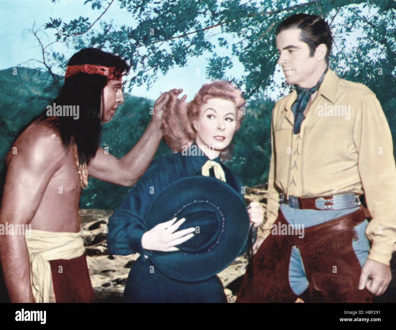 STRANGE LADY IN TOWN, from left, Jose Lopez, Greer Garson, Dana Andrews ...