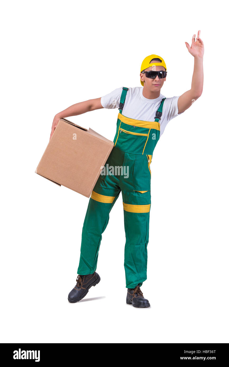 Young man moving boxes isolated on white Stock Photo - Alamy