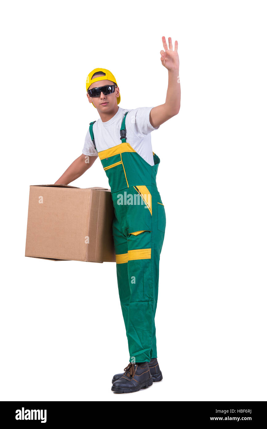 Young man moving boxes isolated on white Stock Photo - Alamy