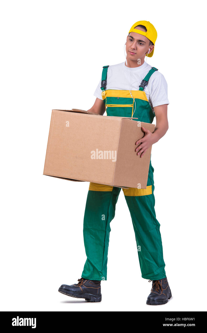 Young man moving boxes isolated on white Stock Photo - Alamy
