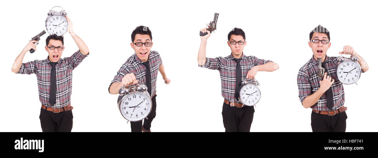 Young man with clock isolated on white Stock Photo - Alamy