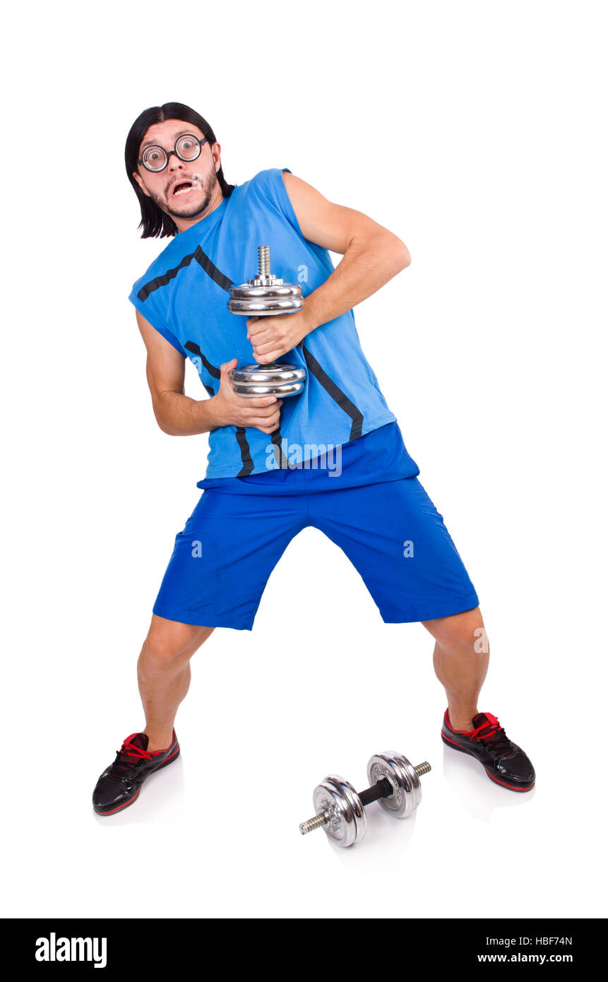 Funny guy with dumbbels on white Stock Photo - Alamy