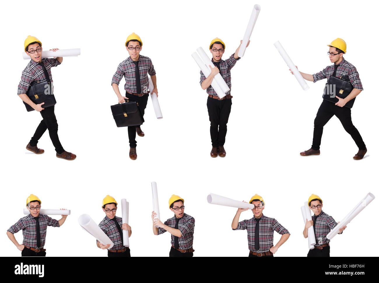 Funny man with blueprints on white Stock Photo - Alamy
