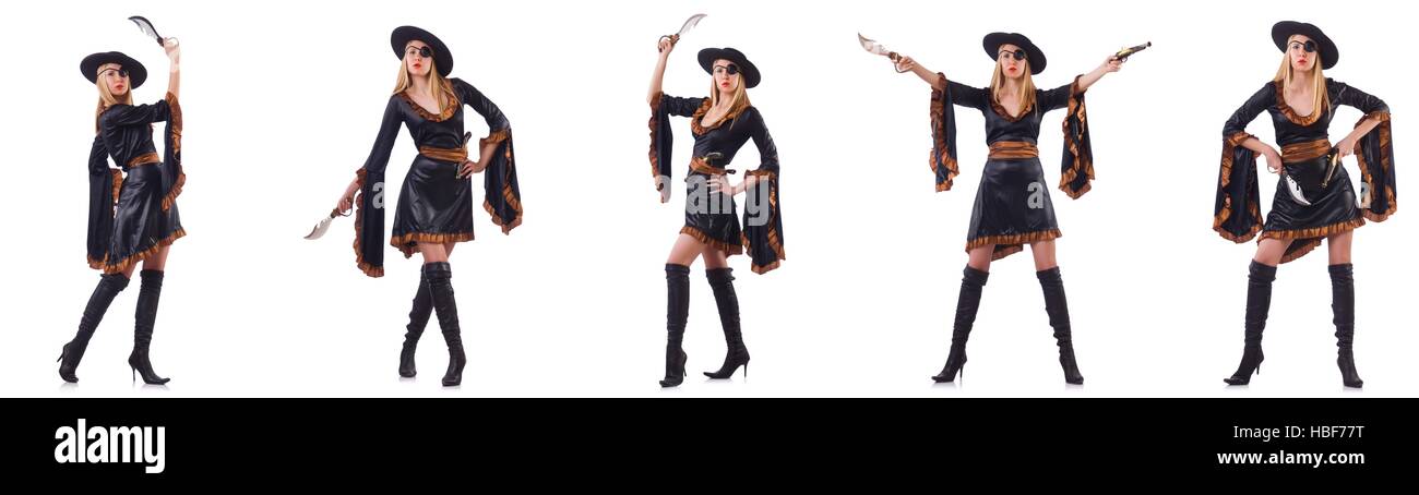 Woman pirate in various poses on white Stock Photo - Alamy