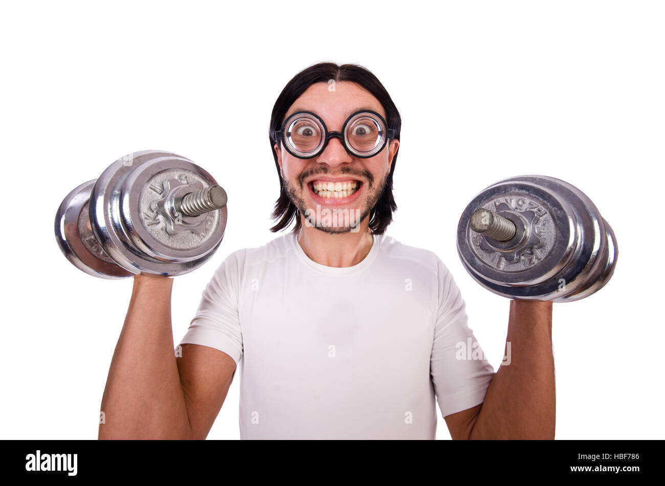 Funny guy with dumbbels on white Stock Photo - Alamy