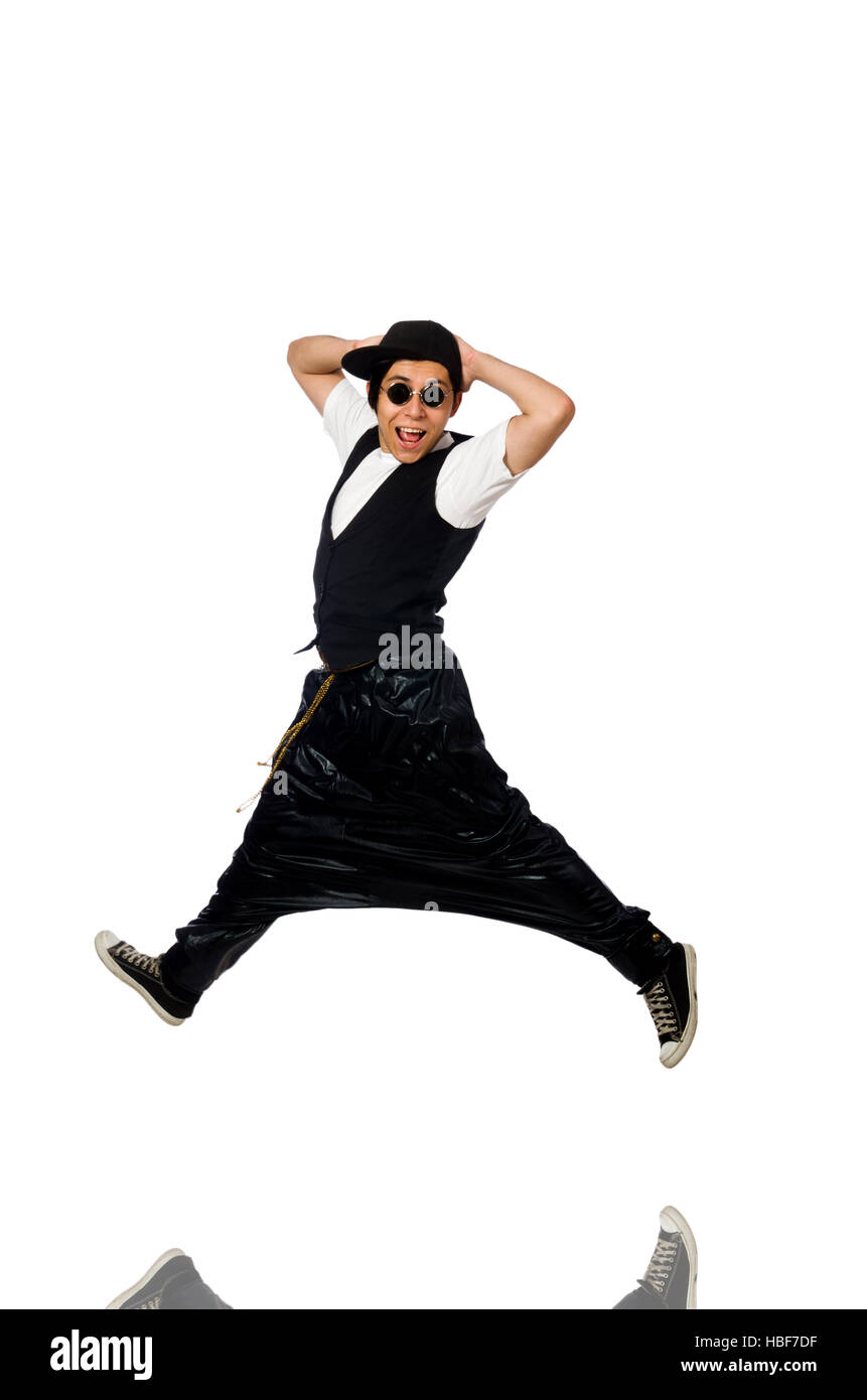 Funny young man dancing isolated on white Stock Photo - Alamy