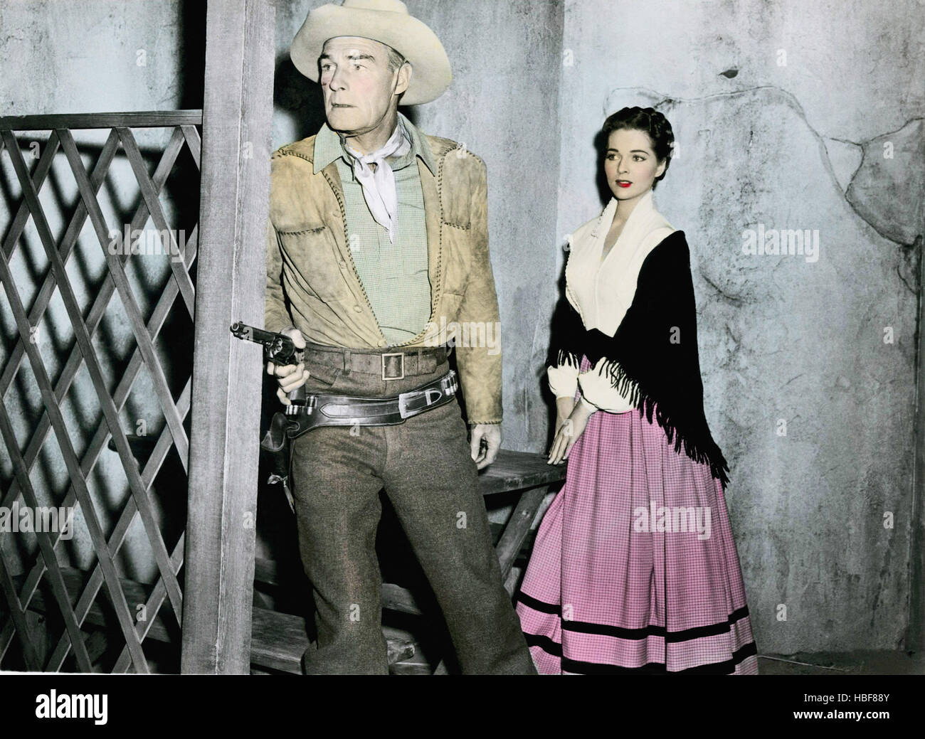 RIDING SHOTGUN, from left, Randolph Scott, Joan Weldon, 1954 Stock ...