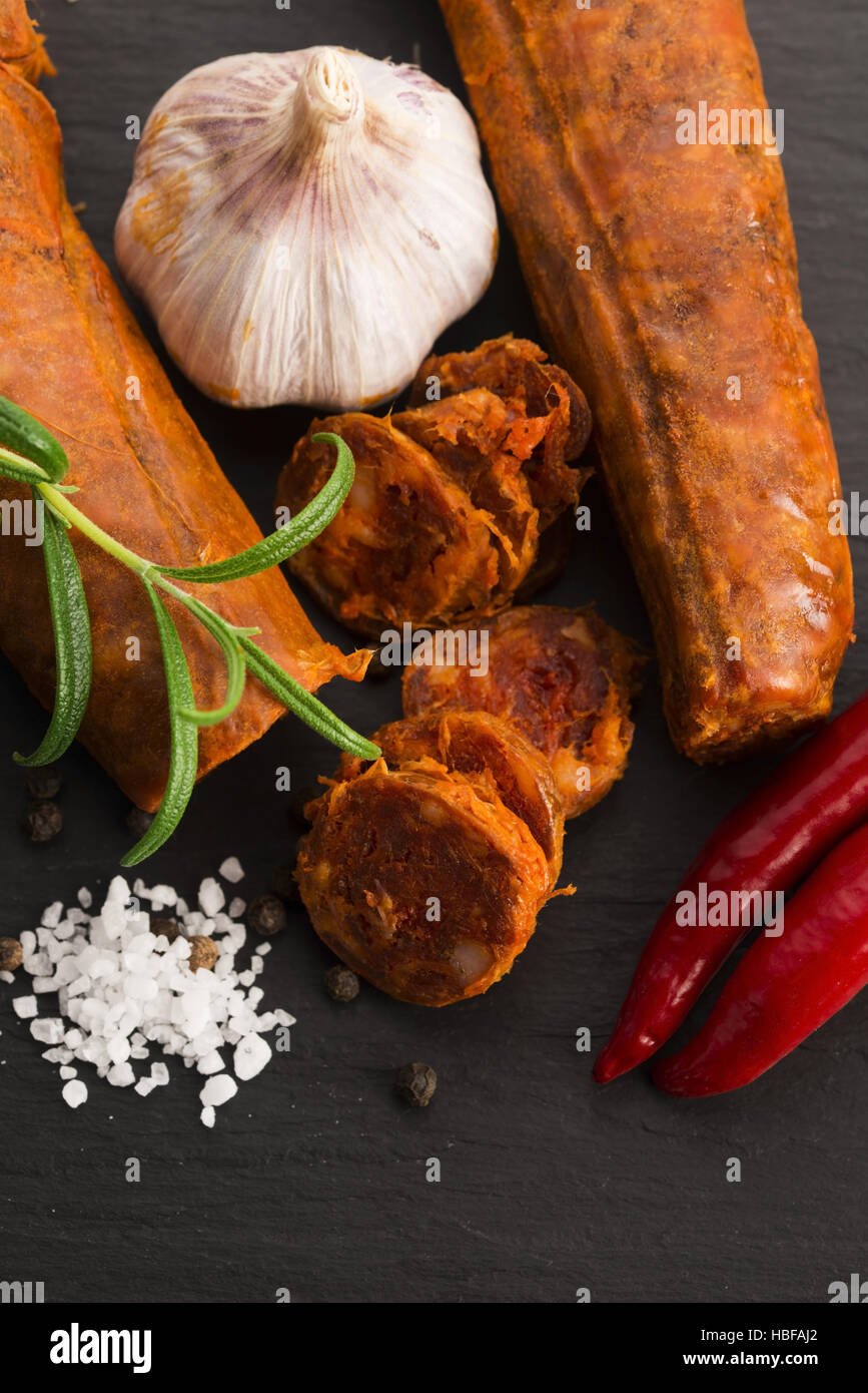 spanish traditional chorizo sausage, with fresh herbs Stock Photo - Alamy