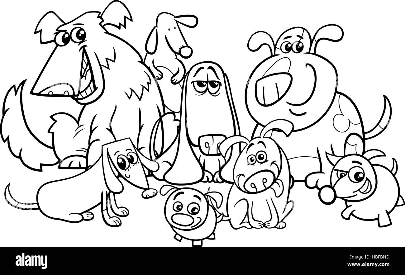 dogs group cartoon coloring book Stock Photo - Alamy