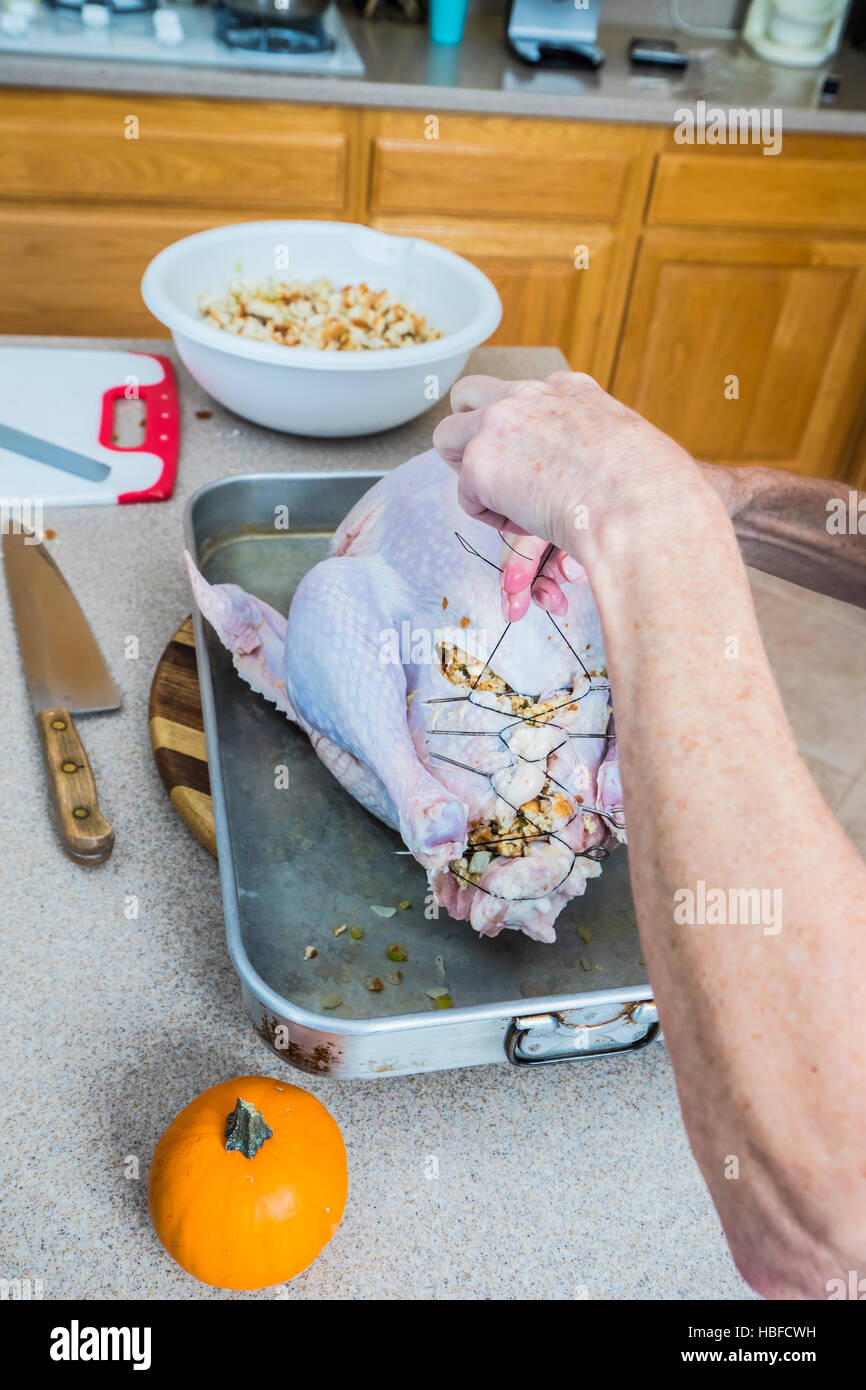 woman stuffing turkey for thanksgiving Stock Photo - Alamy