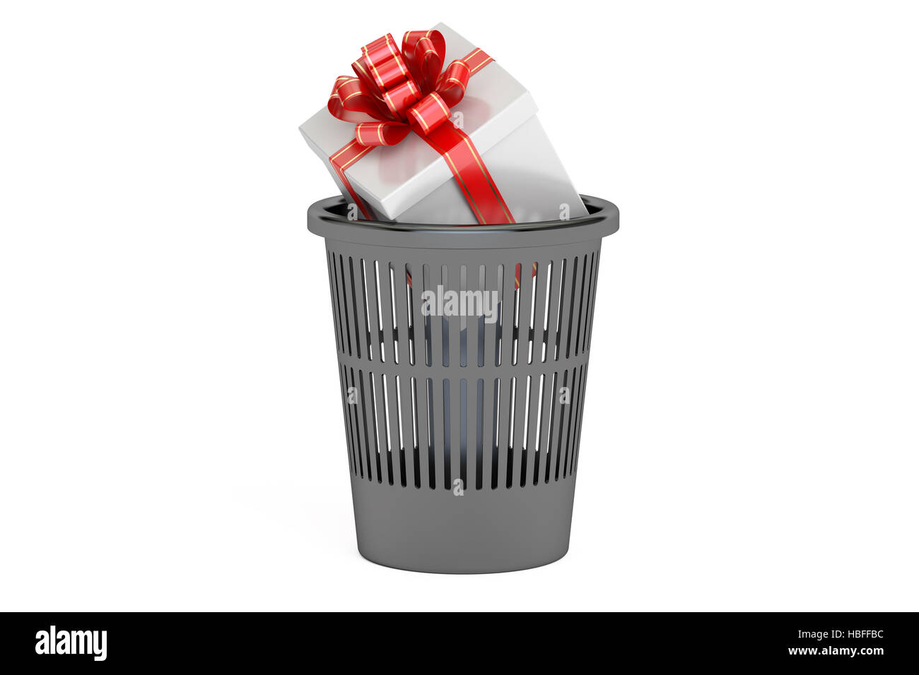 Trash bin with gift box, 3D rendering isolated on white background ...