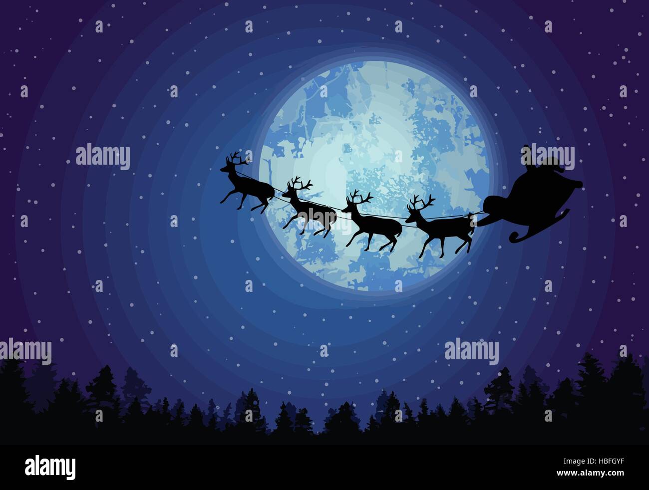 Santa's sleigh in front of full moon on beautiful blue night, vector ...
