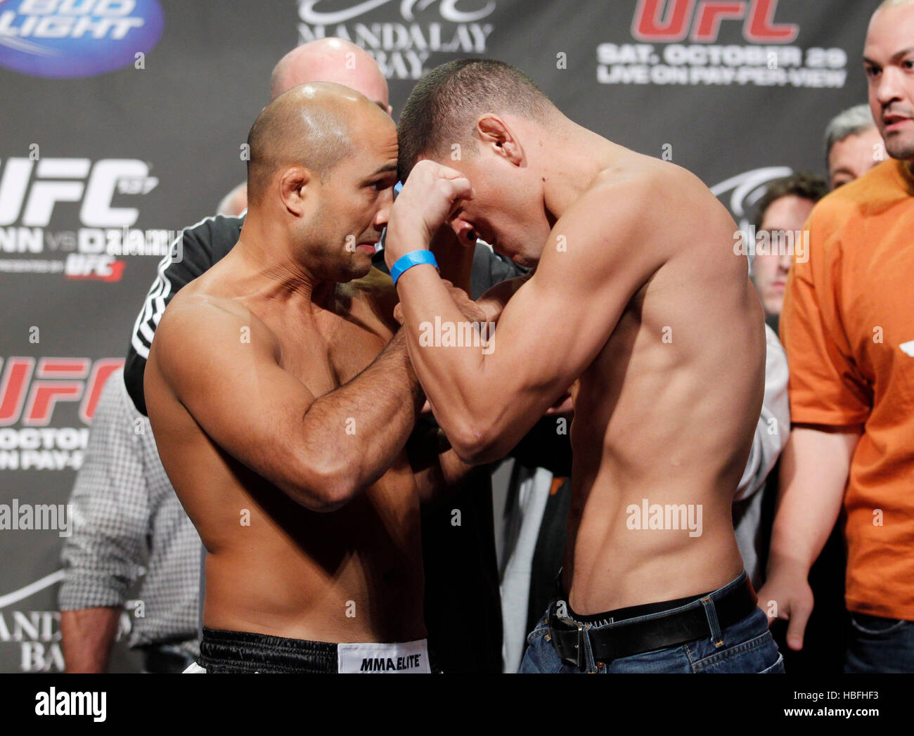 UFC fighters Nick Diaz, right, and BJ Penn, left, square off during a ...