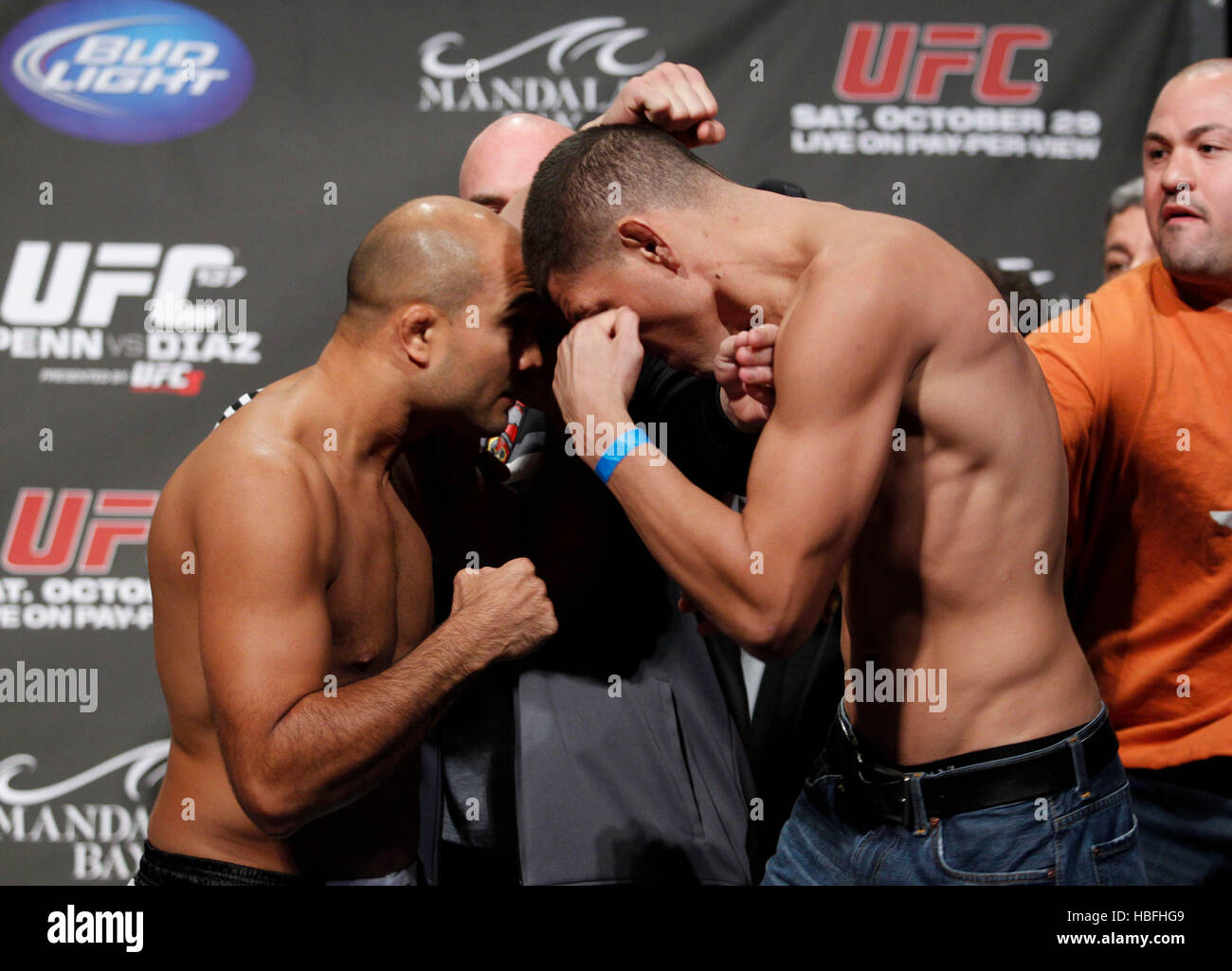 UFC fighters Nick Diaz, right, and BJ Penn, left, square off during a ...