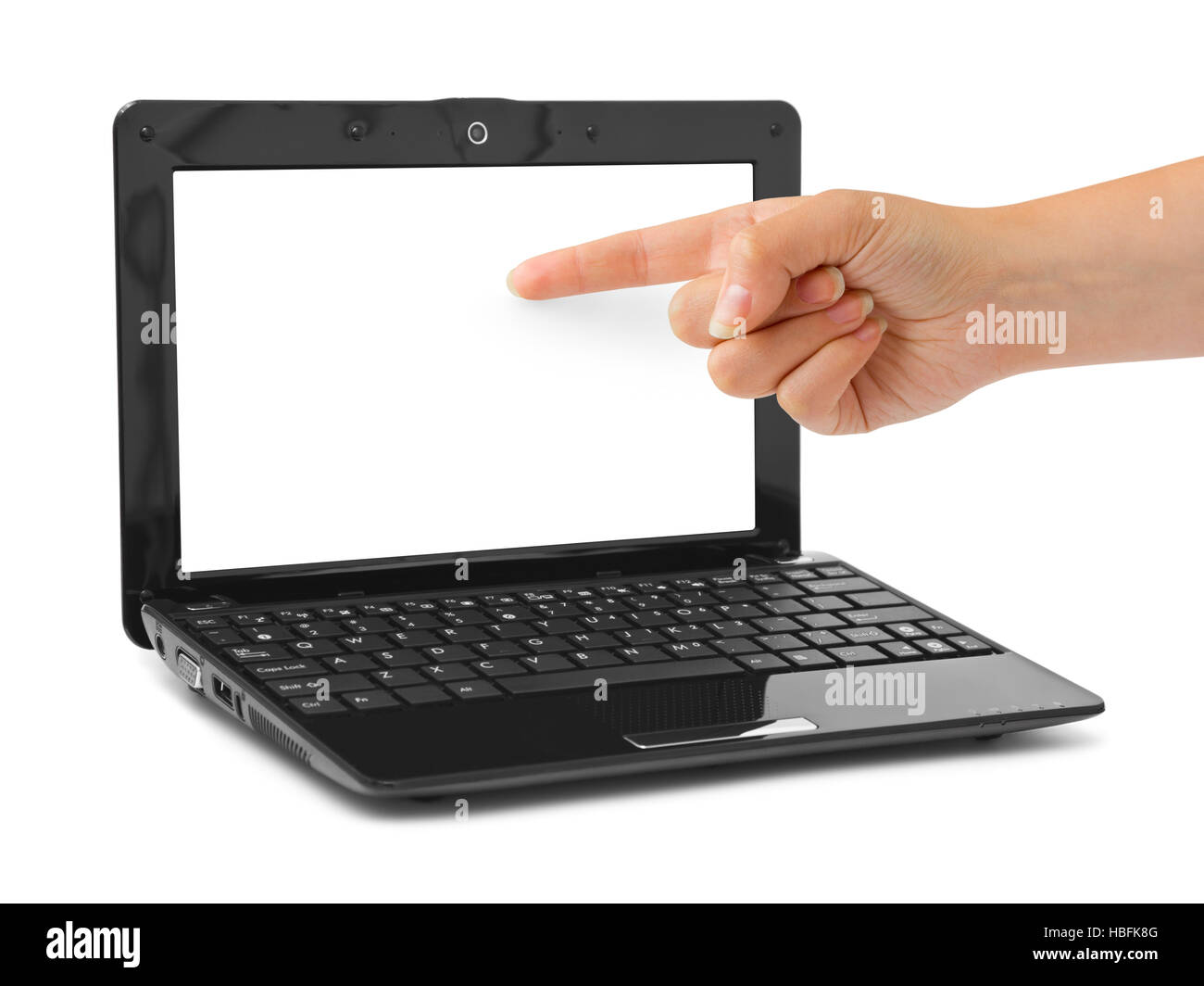 Notebook computer and pointing hand Stock Photo - Alamy