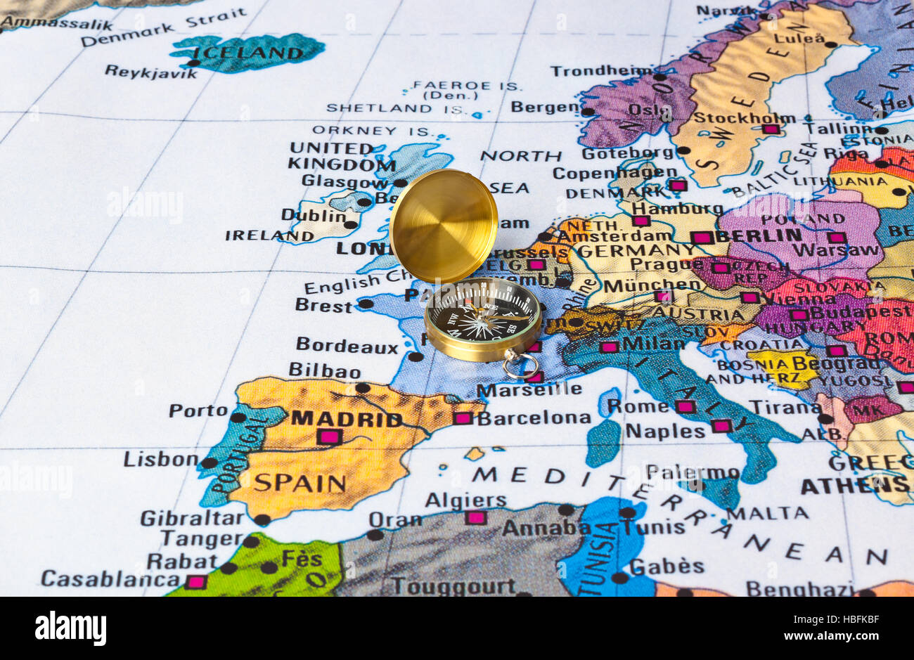 Europe map and compass Stock Photo - Alamy