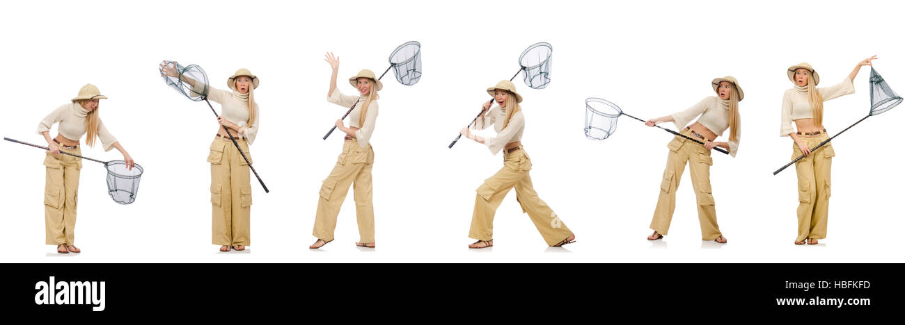 Woman with catching net on white Stock Photo - Alamy