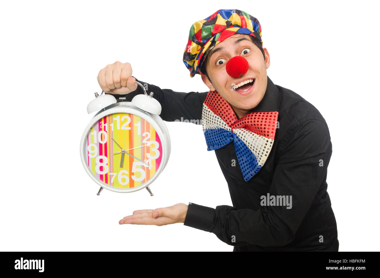 Funny clown with clock isolated on white Stock Photo - Alamy
