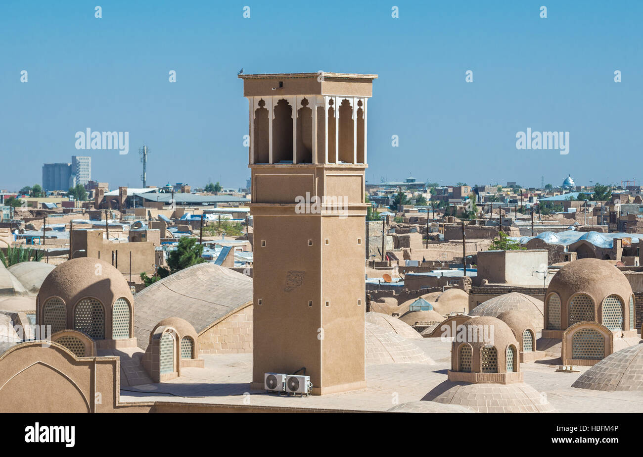 Aerial view with characteristc wind catcher tower in Kashan, Iran Stock ...