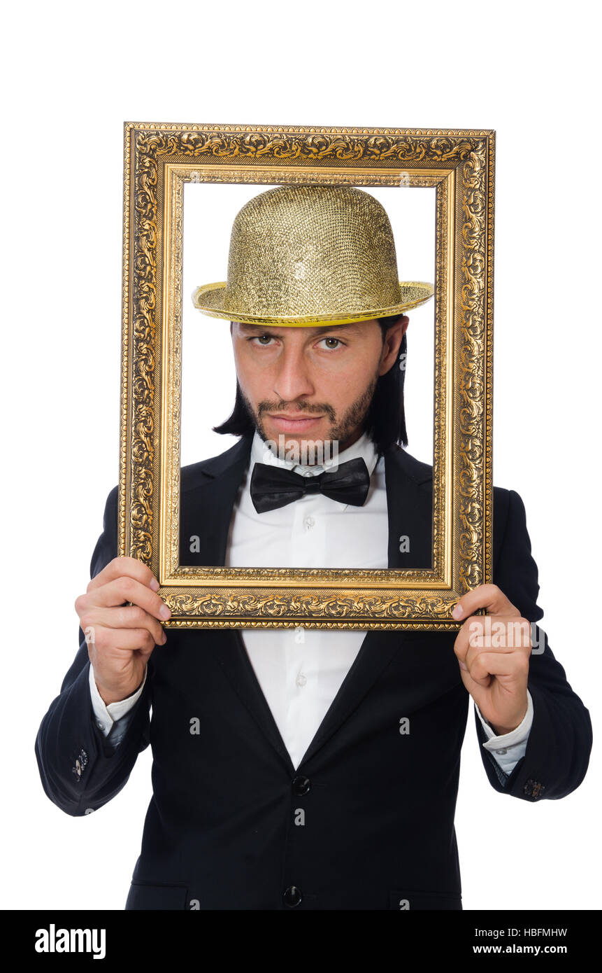 Man with picture frame isolated on white Stock Photo - Alamy