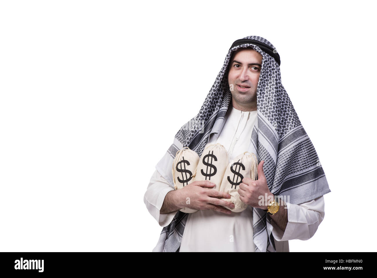 Arab man with money sacks isolated on white Stock Photo - Alamy