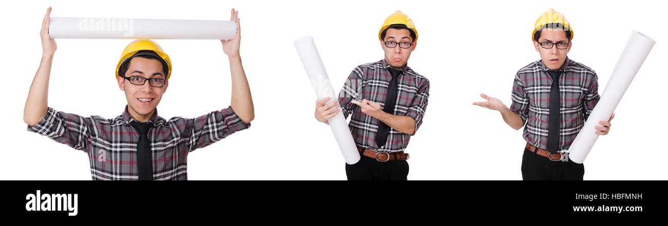 Funny man with blueprints on white Stock Photo - Alamy