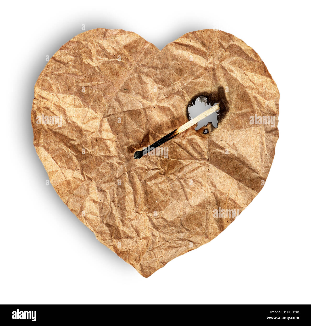 Crumpled paper heart burns match isolated on white background Stock ...