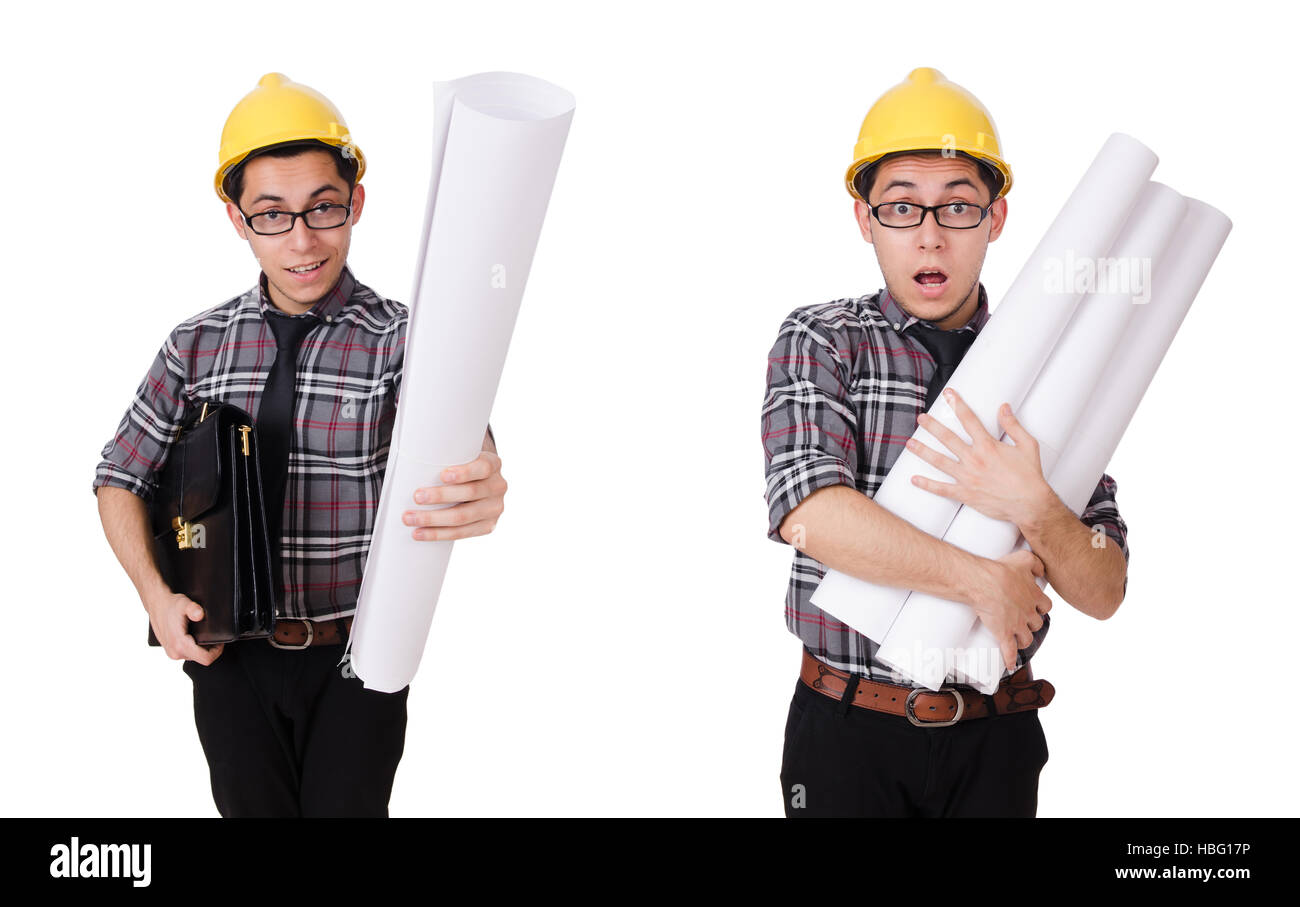 Funny man with blueprints on white Stock Photo - Alamy