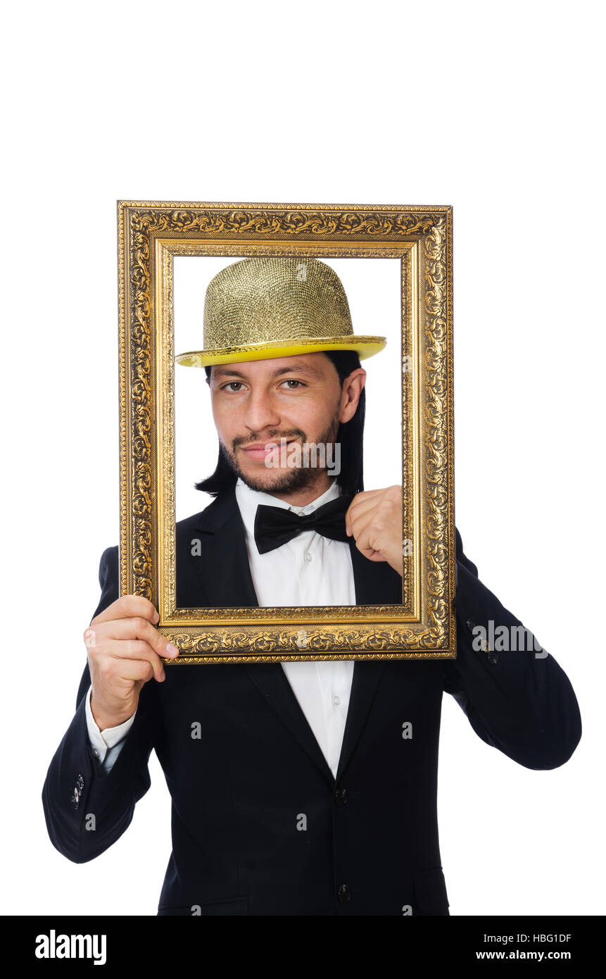 Man with picture frame isolated on white Stock Photo - Alamy