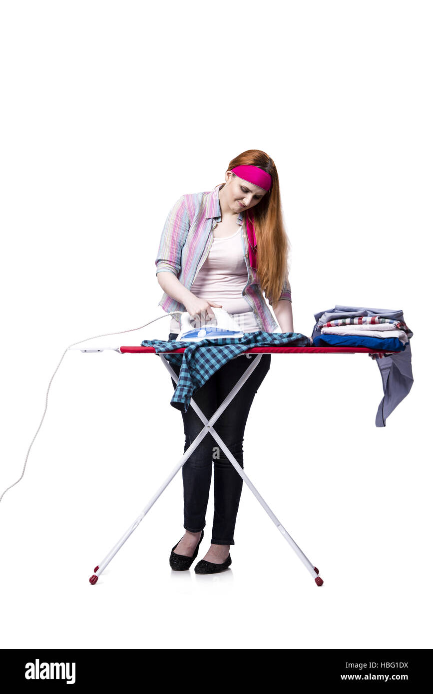 Young woman doing ironing isolated on white Stock Photo - Alamy