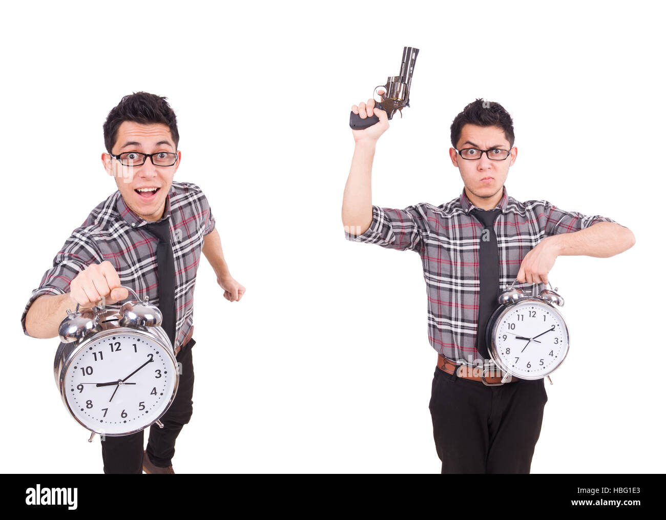 Young man with clock isolated on white Stock Photo - Alamy