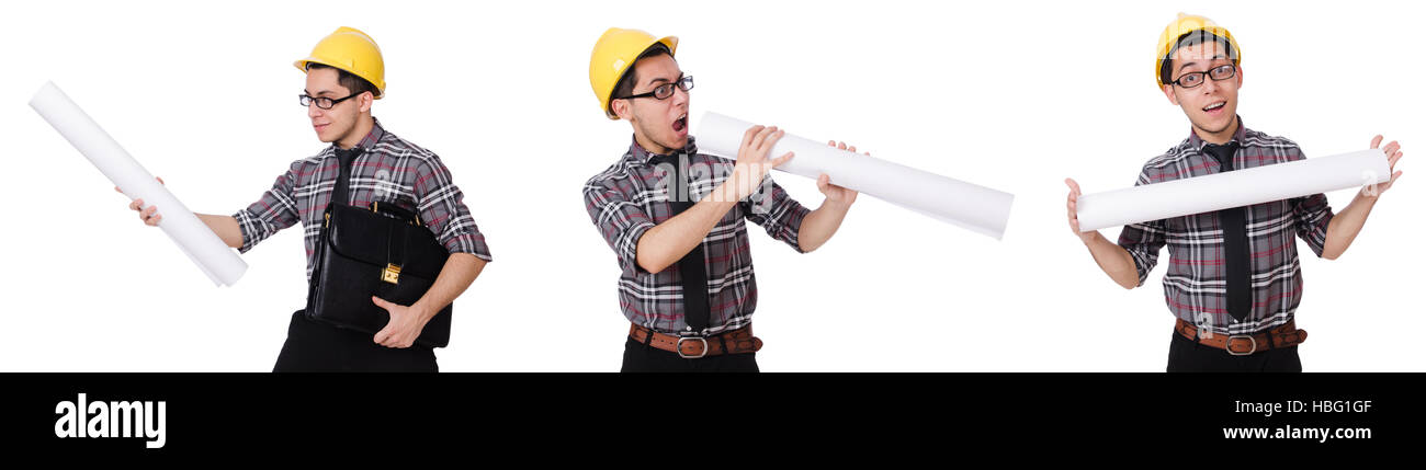 Funny man with blueprints on white Stock Photo - Alamy