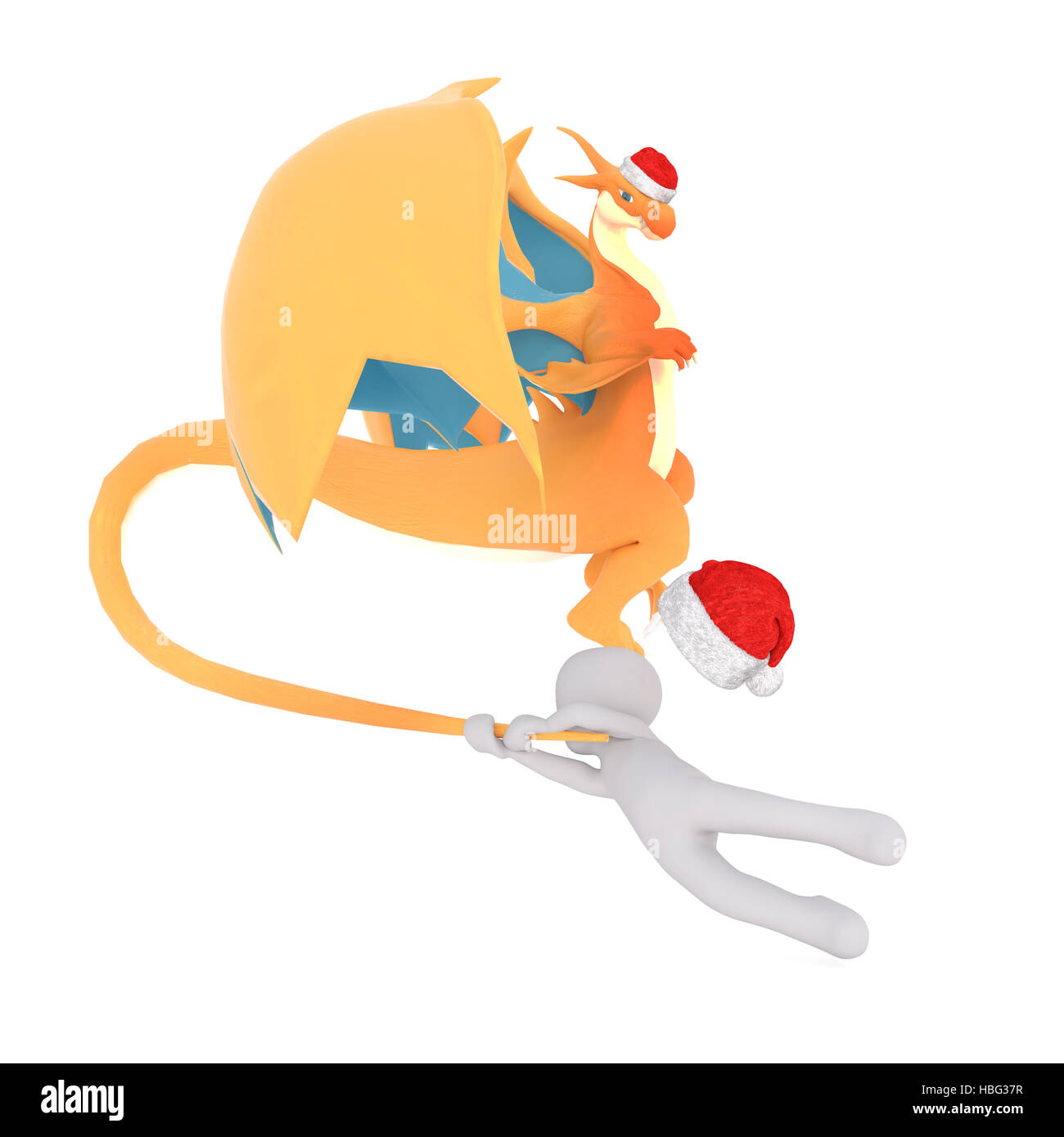 3d man swinging on the tail of a winged dragon flying through the air ...