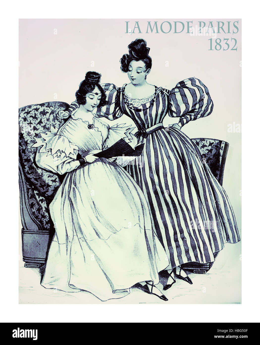 1832 fashion, french magazine La Mode presents two young ladies at home ...