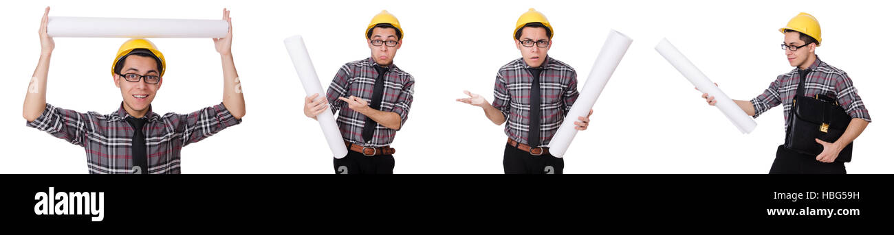 Funny man with blueprints on white Stock Photo - Alamy