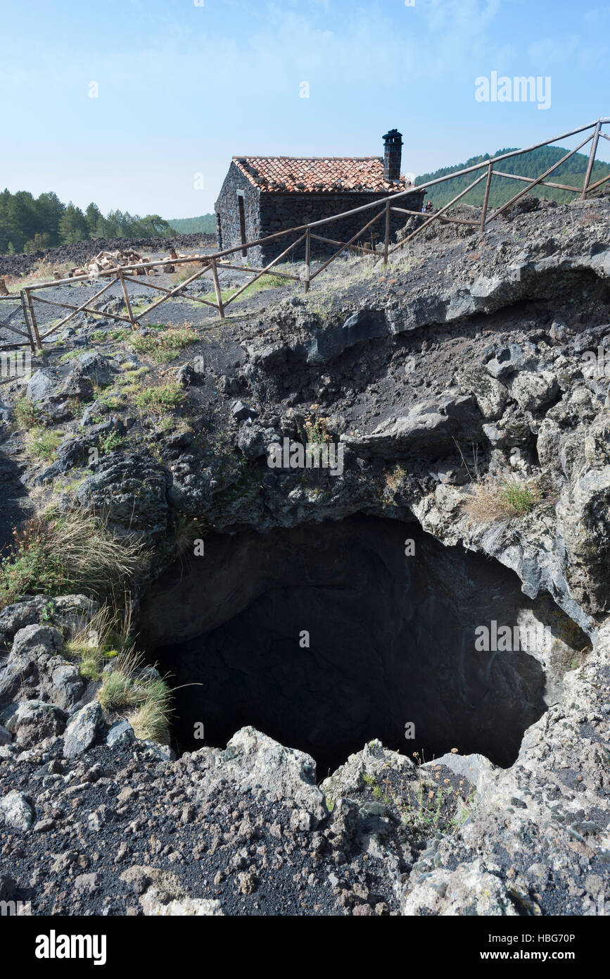 Santa Barbara shelter, volcanic vent on trail, lava of 1787, Mount Etna ...