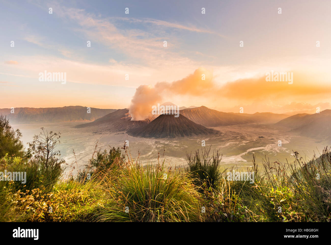 Sunrise, smoking volcano, Gunung Bromo, Mount Batok, Mount Kursi, Mount ...