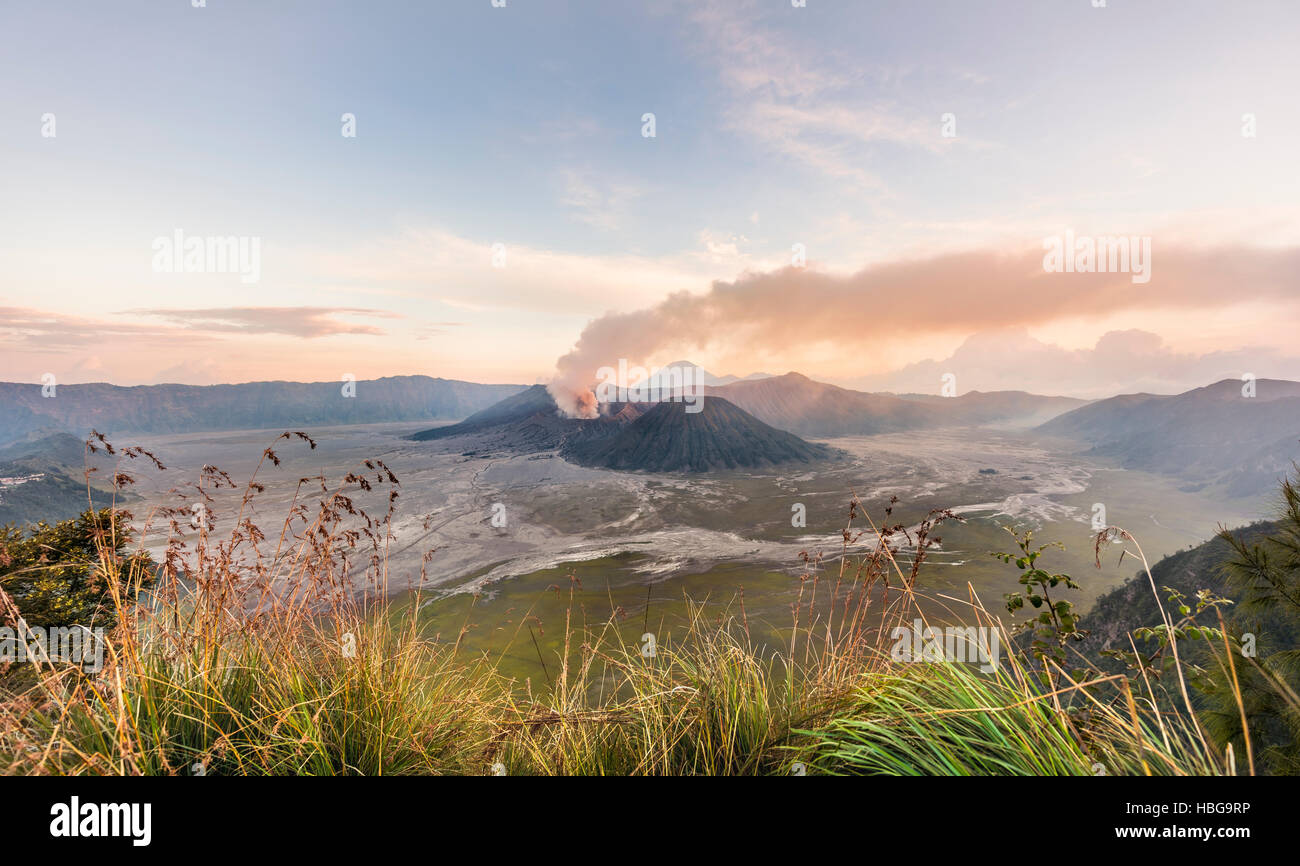 Morning light, smoking volcano, Gunung Bromo, Mount Batok, Mount Kursi ...