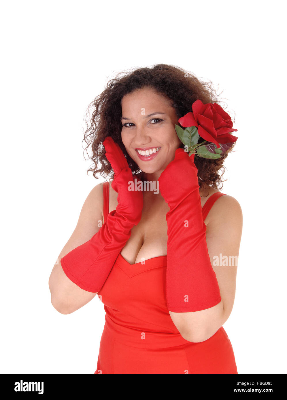 Smiling lady red rose looking hi-res stock photography and images - Alamy