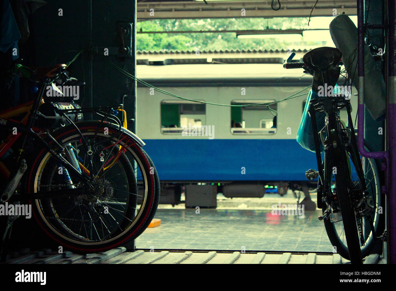 Bicycles wait to be transported in a storage car on a train at Hua ...