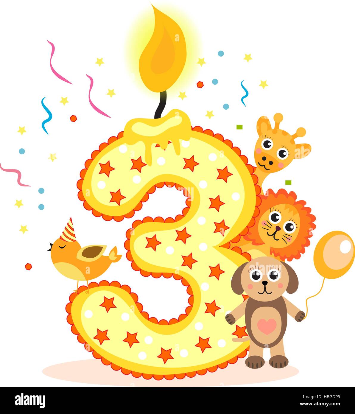 Happy Third Birthday Candle and Animals Isolated on white. The number ...
