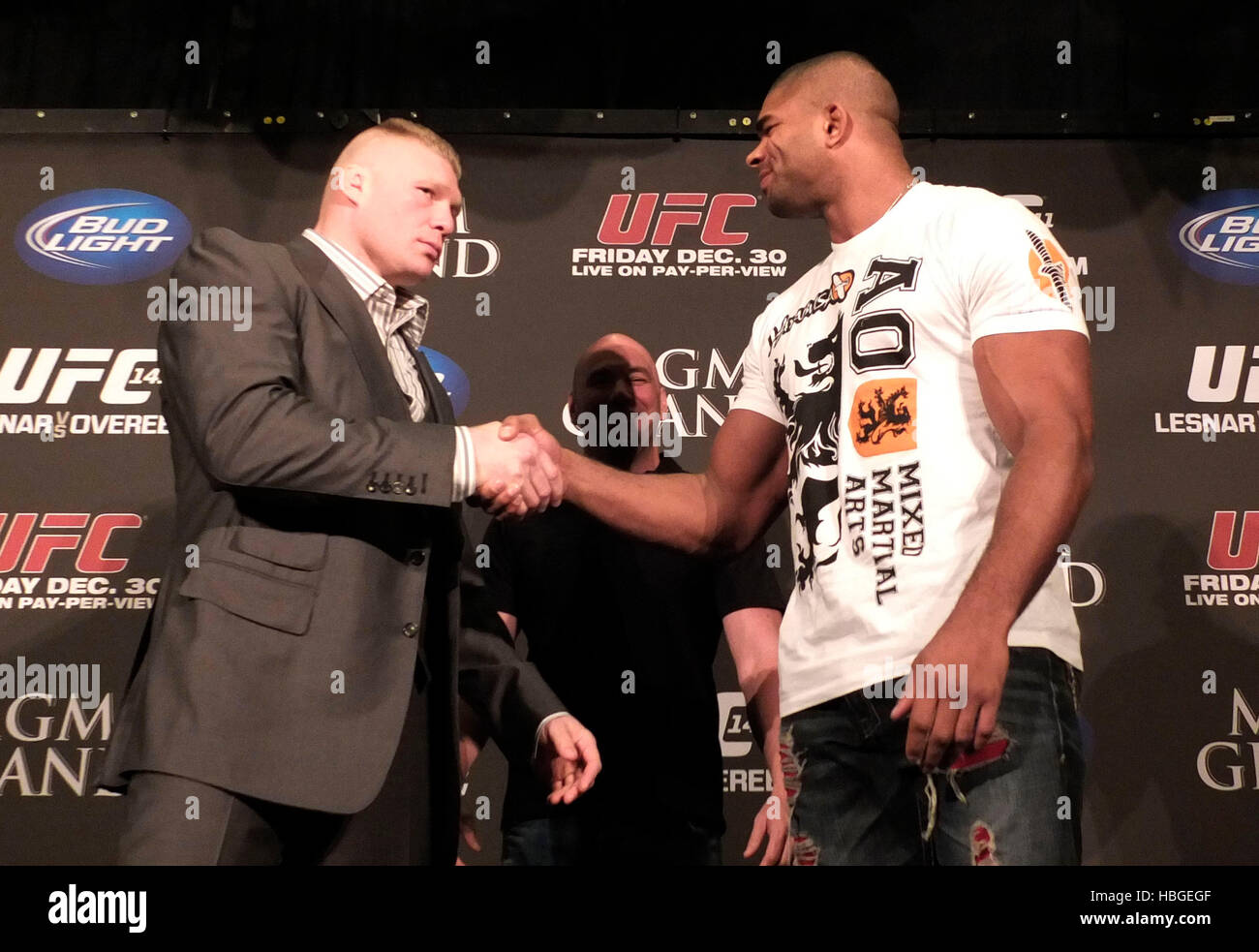 UFC fighters Brock Lesnar, left, and Alistair Overeem at a news ...