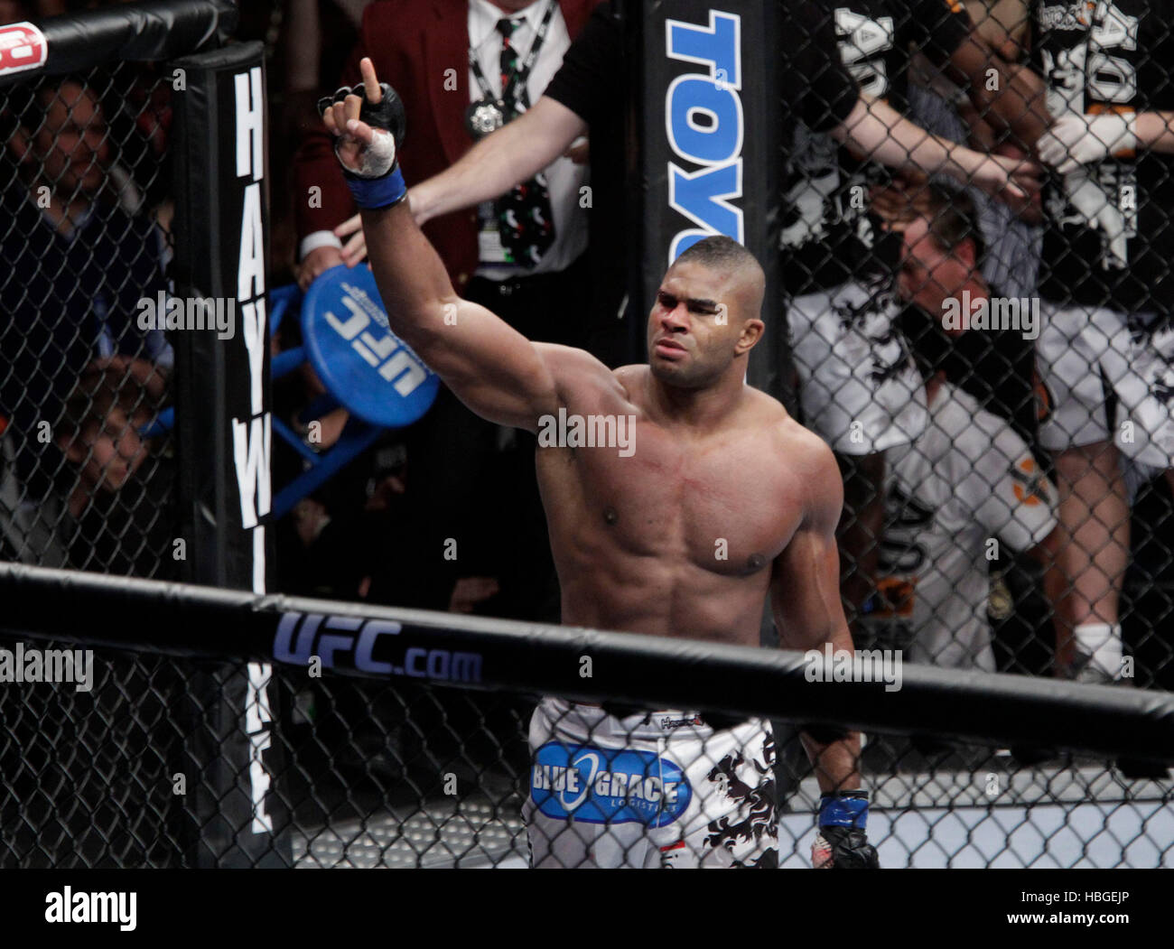 UFC fighter Alistair Overeem celebrates his TKO over Brock Lesnar at ...