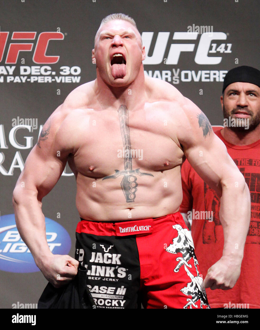UFC fighter Brock Lesnar arrives at the weigh-ins for UFC 141 at the ...