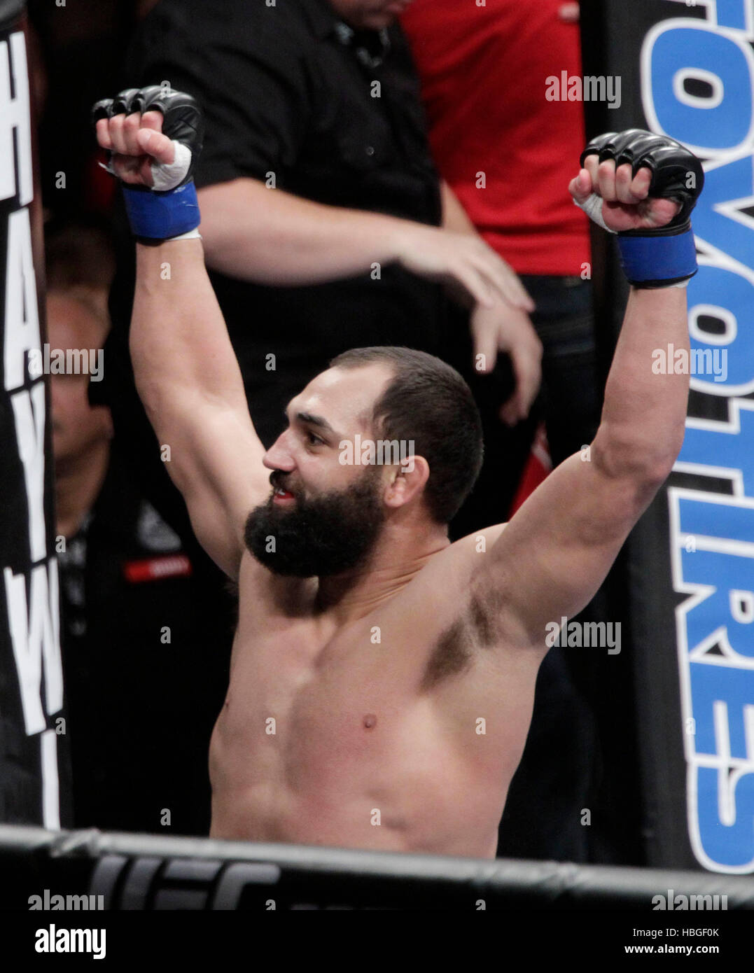UFC fighter Johny Hendricks celebrates his victory over Jon Fitch at ...